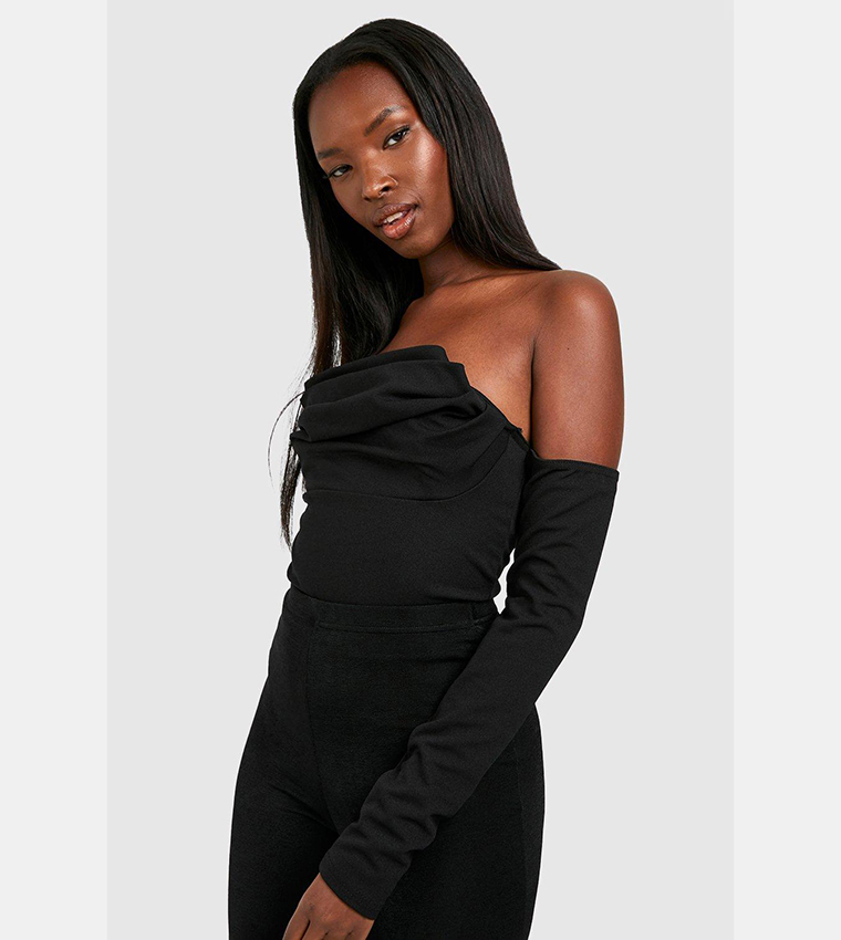 Buy Boohoo Drape Front Long Sleeves Bardot Bodysuit Top In Black ...