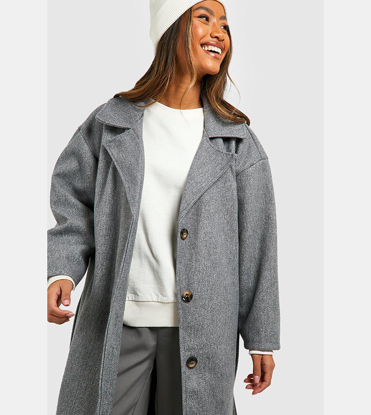 Buy Boohoo Belted Button Through Wool Look Coat In Grey | 6thStreet UAE