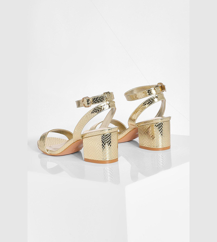 Buy Boohoo Metallic Snake Low Block Barely There Heel Sandals In Gold | 6thStreet Saudi Arabia