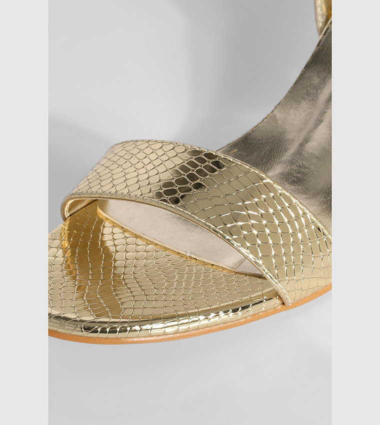 Buy Boohoo Metallic Snake Low Block Barely There Heel Sandals In Gold | 6thStreet Saudi Arabia