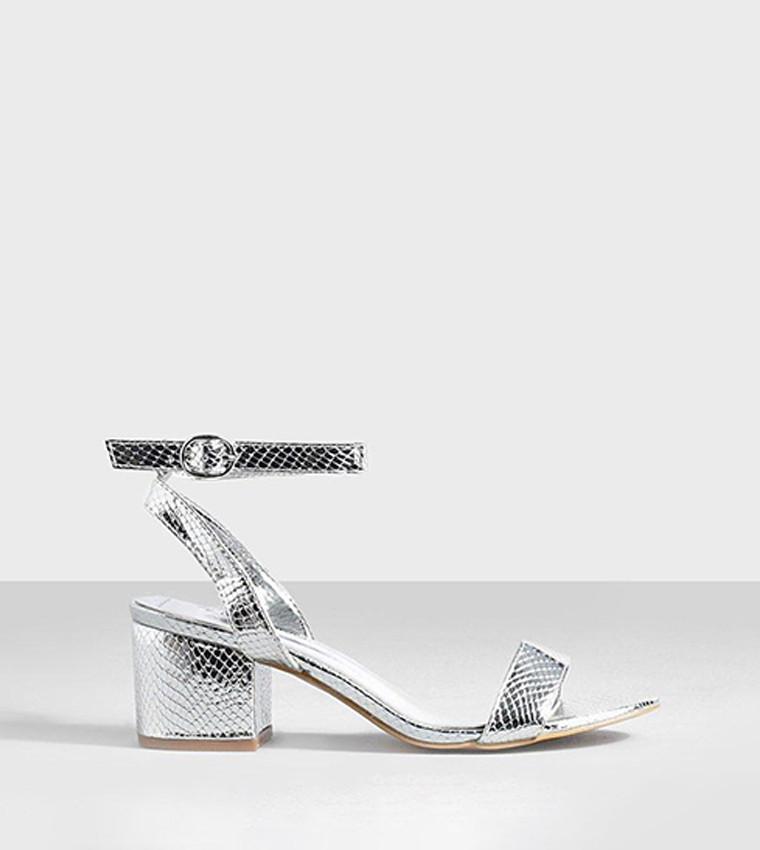 Buy Boohoo Metallic Snake Low Block Barely There Heel Sandals In Silver | 6thStreet Saudi Arabia