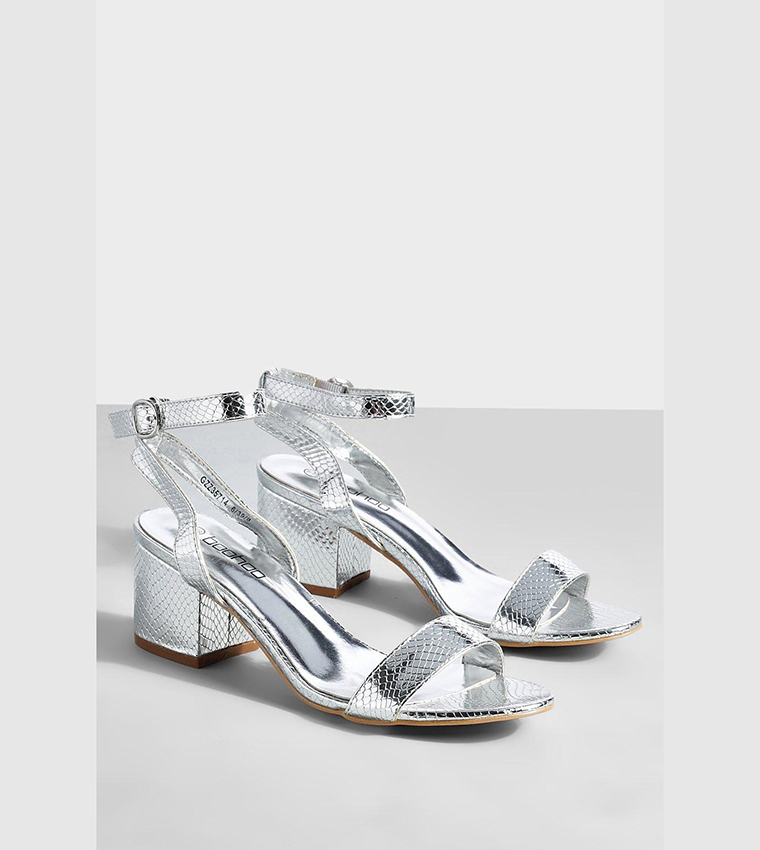Buy Boohoo Metallic Snake Low Block Barely There Heel Sandals In Silver | 6thStreet Saudi Arabia