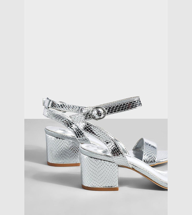 Buy Boohoo Metallic Snake Low Block Barely There Heel Sandals In Silver | 6thStreet Saudi Arabia