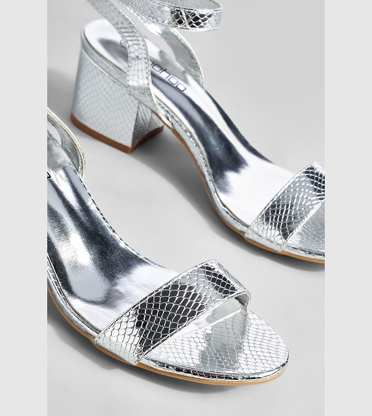 Buy Boohoo Metallic Snake Low Block Barely There Heel Sandals In Silver | 6thStreet Saudi Arabia