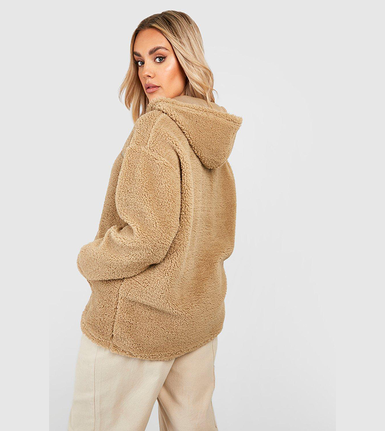 Buy Boohoo Premium Borg Rubber Badge Half Zip Hoodie In Beige ...