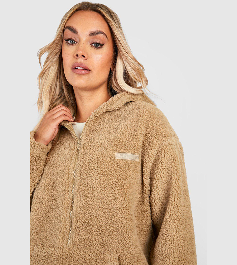 Buy Boohoo Premium Borg Rubber Badge Half Zip Hoodie In Beige ...