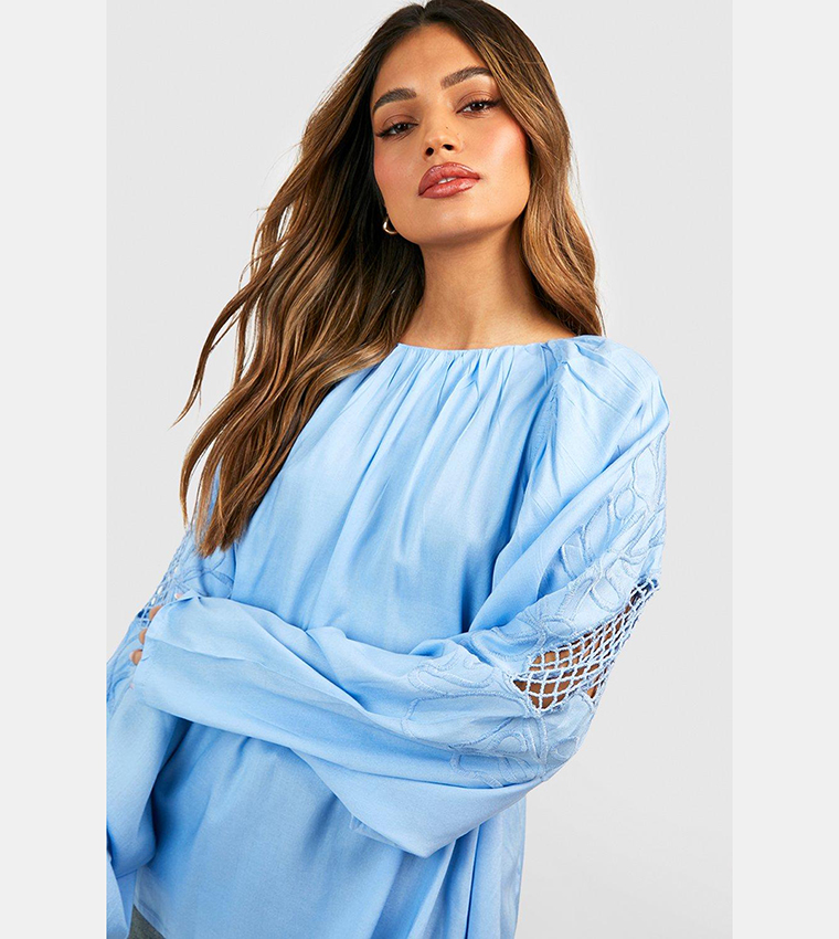 Buy Boohoo Cut Out Embroidered Balloon Sleeves Top In Blue | 6thStreet UAE