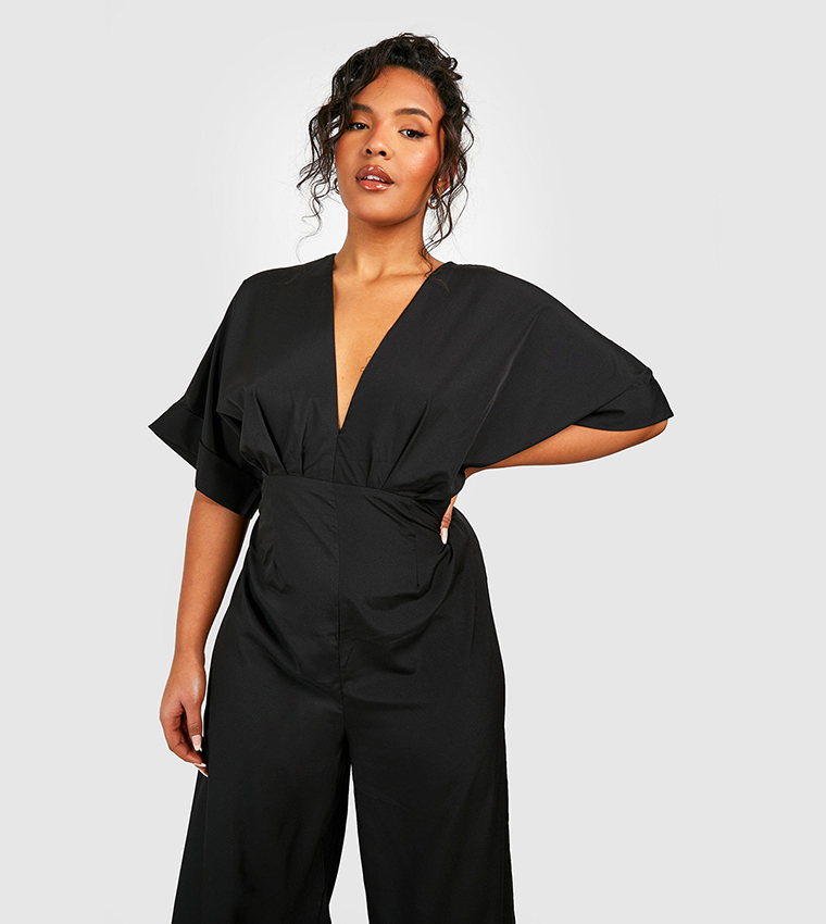 Buy Boohoo Batwing Plunge Wide Leg Jumpsuit In Black | 6thStreet Saudi ...