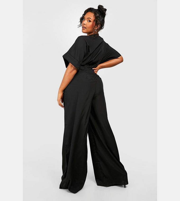 Buy Boohoo Batwing Plunge Wide Leg Jumpsuit In Black | 6thStreet Saudi ...