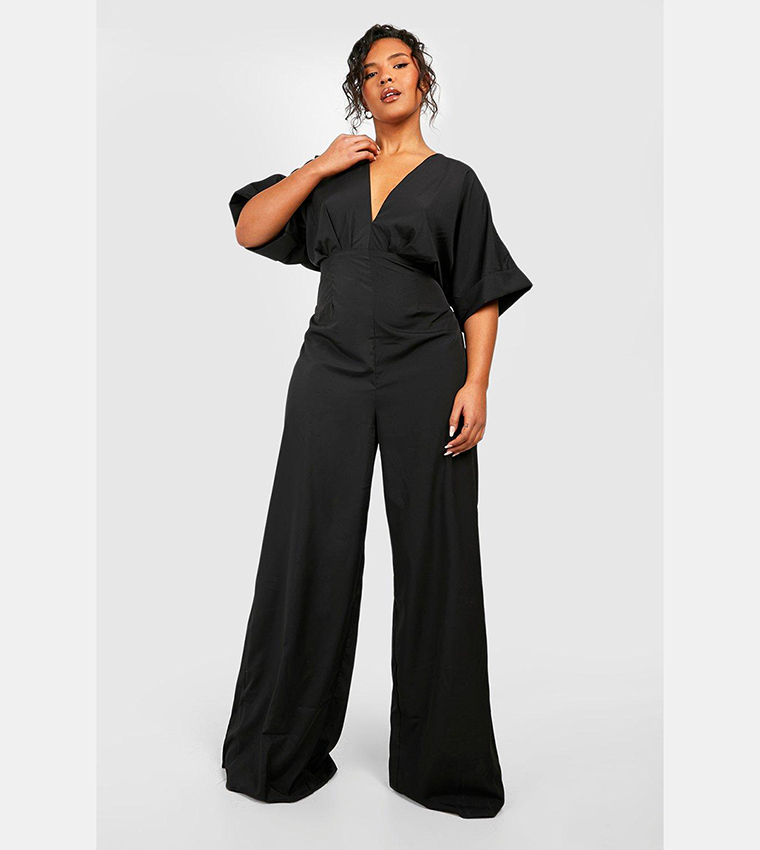Buy Boohoo Batwing Plunge Wide Leg Jumpsuit In Black | 6thStreet Saudi ...