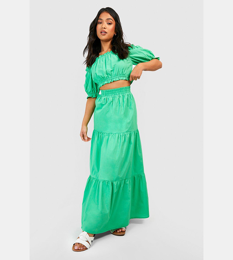 Buy Boohoo Cotton Bardot Top And Tiered Maxi Skirt Co Ord Set In Green | 6thStreet Saudi Arabia
