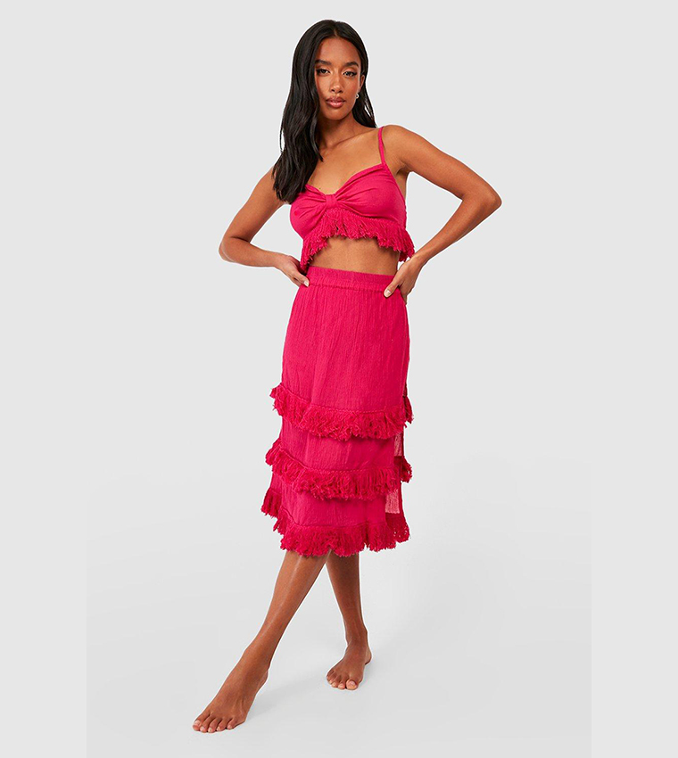 Buy Boohoo Cheesecloth Strappy Tassel Beach Co Ord Set In Pink ...