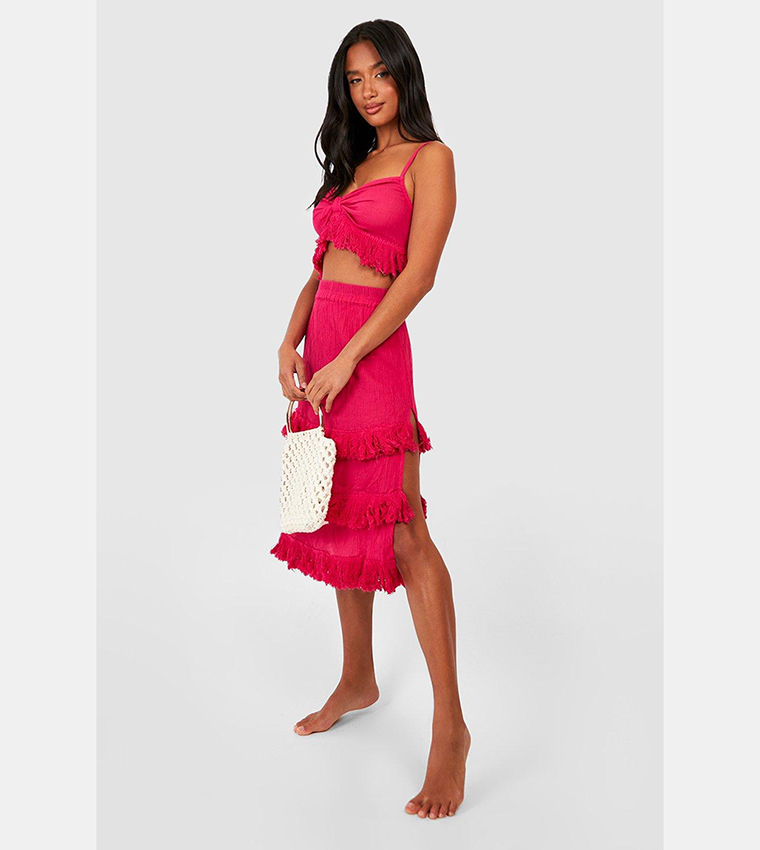 Buy Boohoo Cheesecloth Strappy Tassel Beach Co Ord Set In Pink ...