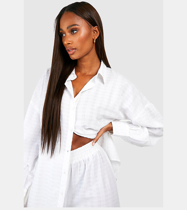 Buy Boohoo Seersucker Relaxed Fit Shirt And Wide Leg Trousers Set In ...