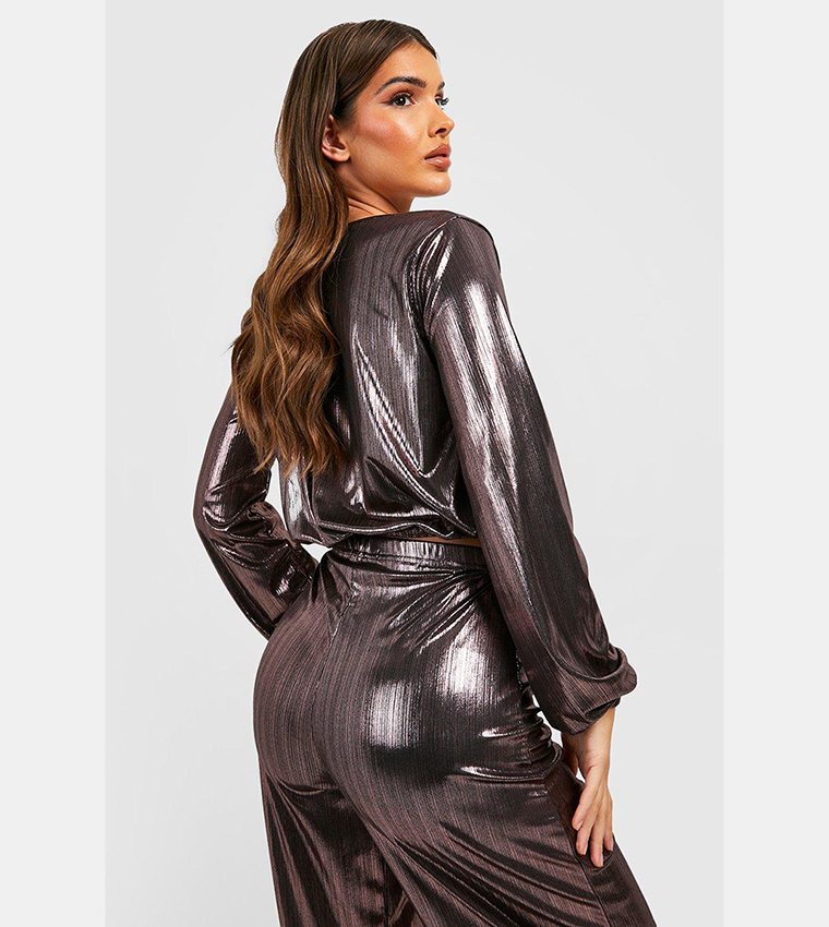 Buy Boohoo Metallic Wrap Detail Top Set In Bronze | 6thStreet Kuwait