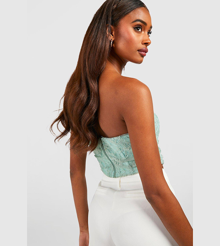 Buy Boohoo Lace Ruched Pointed Corset Top In Green | 6thStreet Saudi Arabia