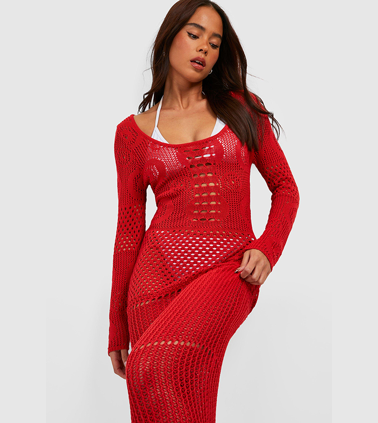 Buy Boohoo Recycled Crochet Maxi Dress In Red | 6thStreet Kuwait