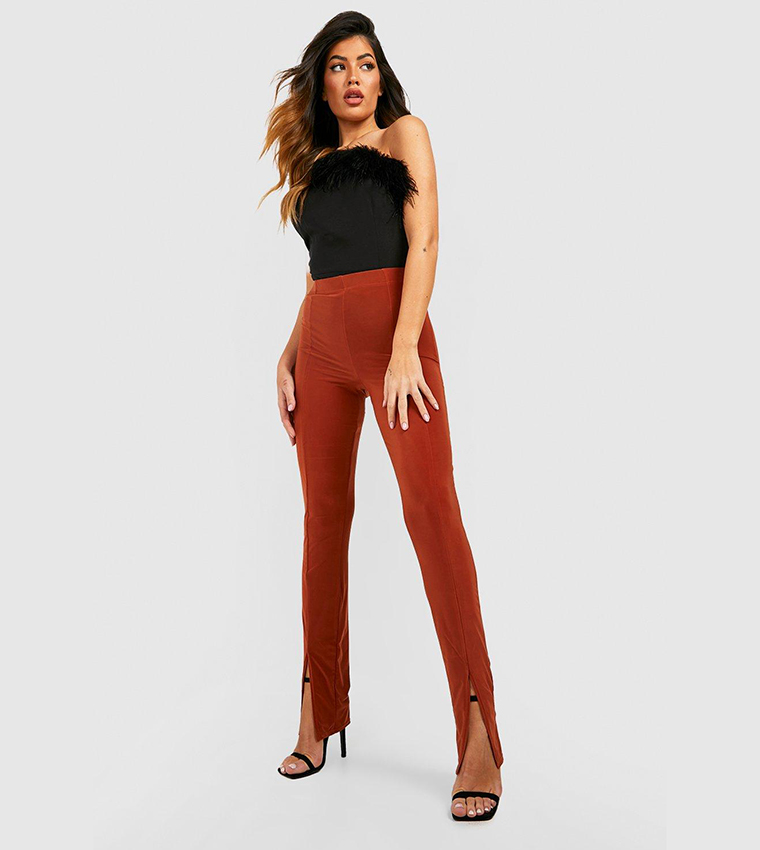 Buy Boohoo Slinky Basics Split Front Trousers In Orange | 6thStreet Kuwait