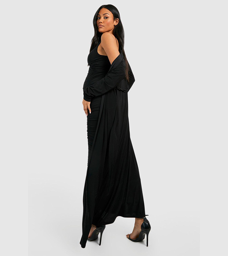 Buy Boohoo Maxi Strappy Cowl Dress And Duster Coat In Black | 6thStreet UAE