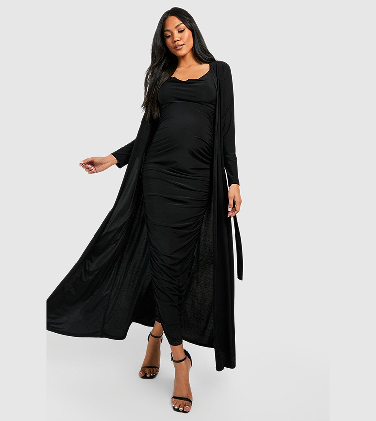 Buy Boohoo Maxi Strappy Cowl Dress And Duster Coat In Black | 6thStreet UAE
