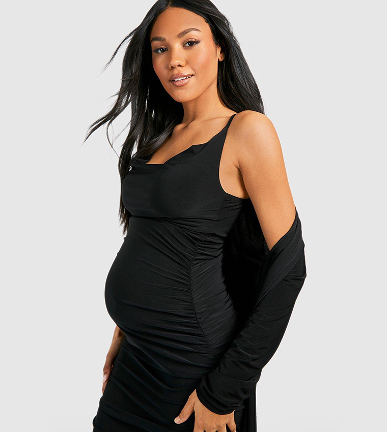 Buy Boohoo Maxi Strappy Cowl Dress And Duster Coat In Black | 6thStreet UAE
