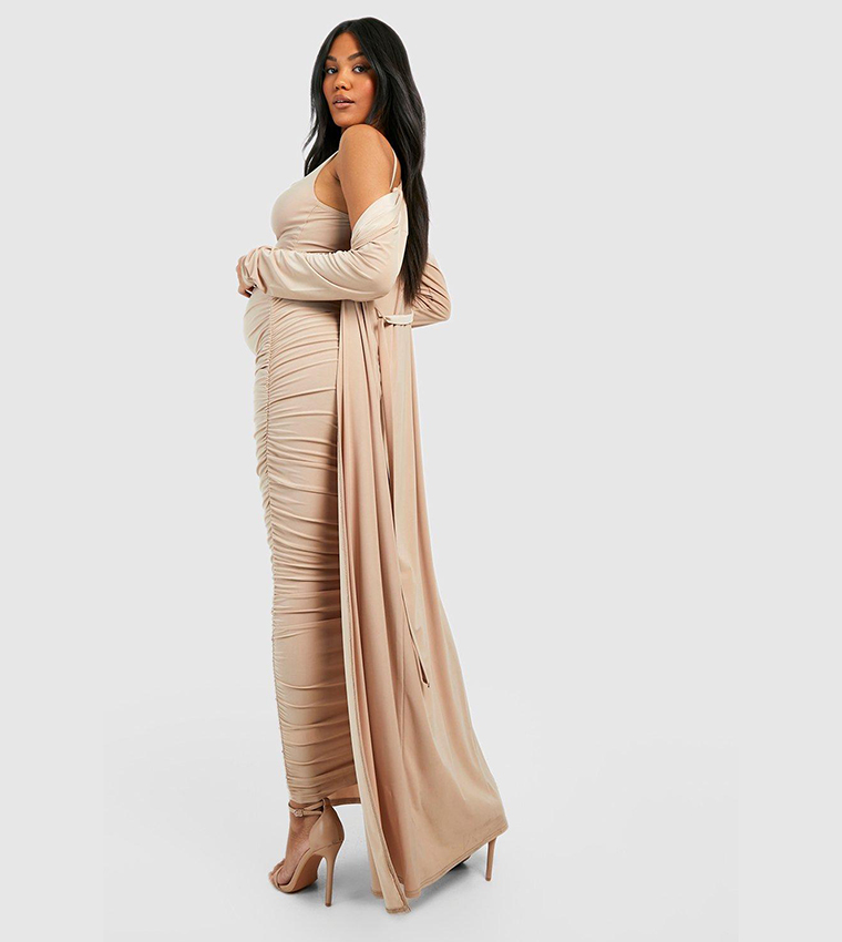 Buy Boohoo Maxi Strappy Cowl Dress And Duster Coat In Beige | 6thStreet ...