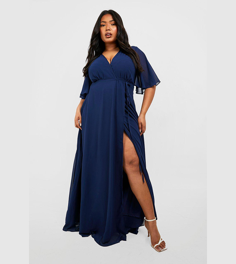 Buy Boohoo Angel Sleeves Wrap Bridesmaid Dress In Navy | 6thStreet Qatar