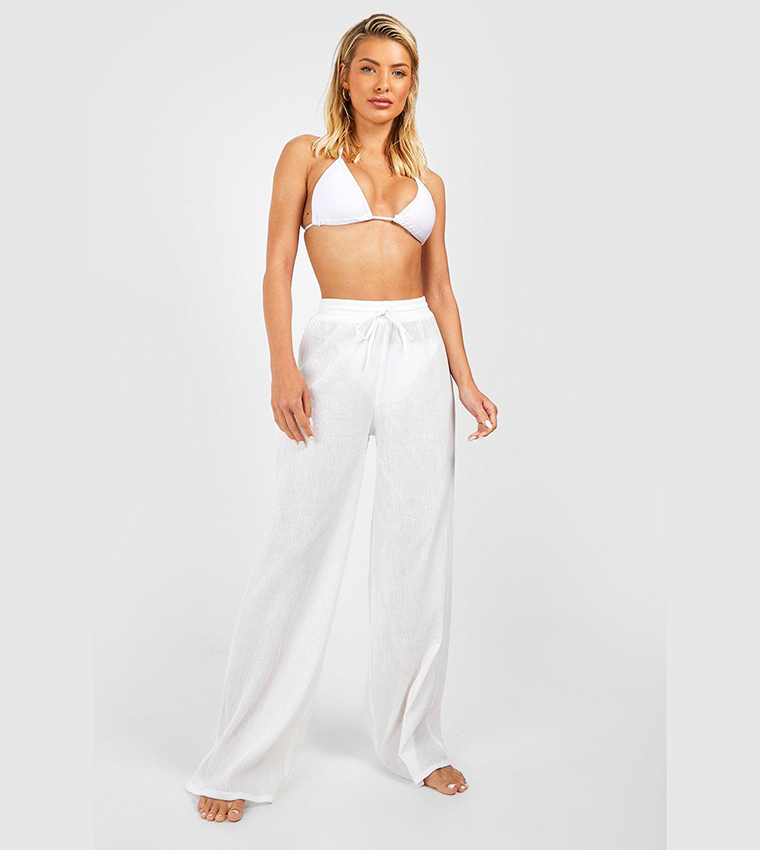 Buy Boohoo Textured Linen Look Tassel Wide Leg Beach Trousers In White