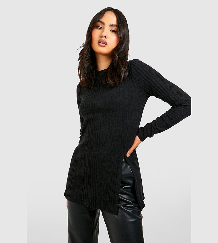 Buy Boohoo Brushed Jumbo Ribbed Longline Split Detail Top In Black ...