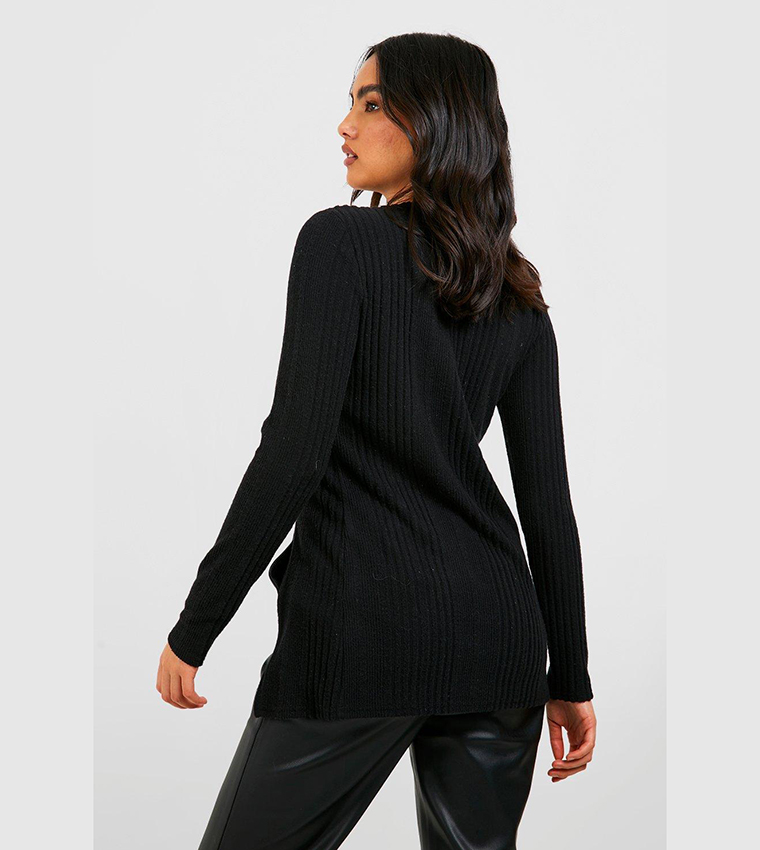 Buy Boohoo Brushed Jumbo Ribbed Longline Split Detail Top In Black ...