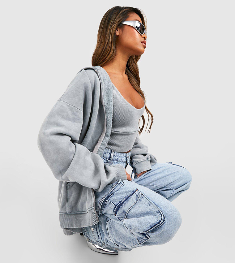 Buy Boohoo Washed Label Detail Oversized Zip Through Jacket In Grey ...
