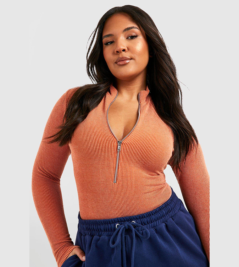 Buy Boohoo Two Tone High Neck Ribbed Zip Bodysuit In Orange | 6thStreet ...