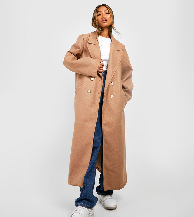 Buy Boohoo Pearl Effect Button Double Breasted Coat In Beige ...