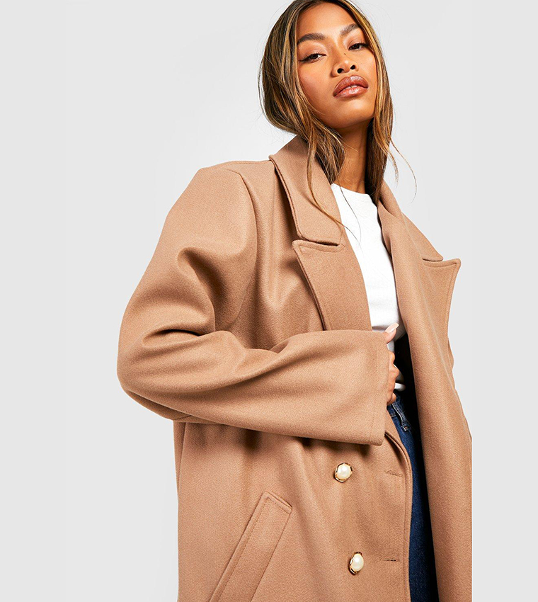 Buy Boohoo Pearl Effect Button Double Breasted Coat In Beige ...