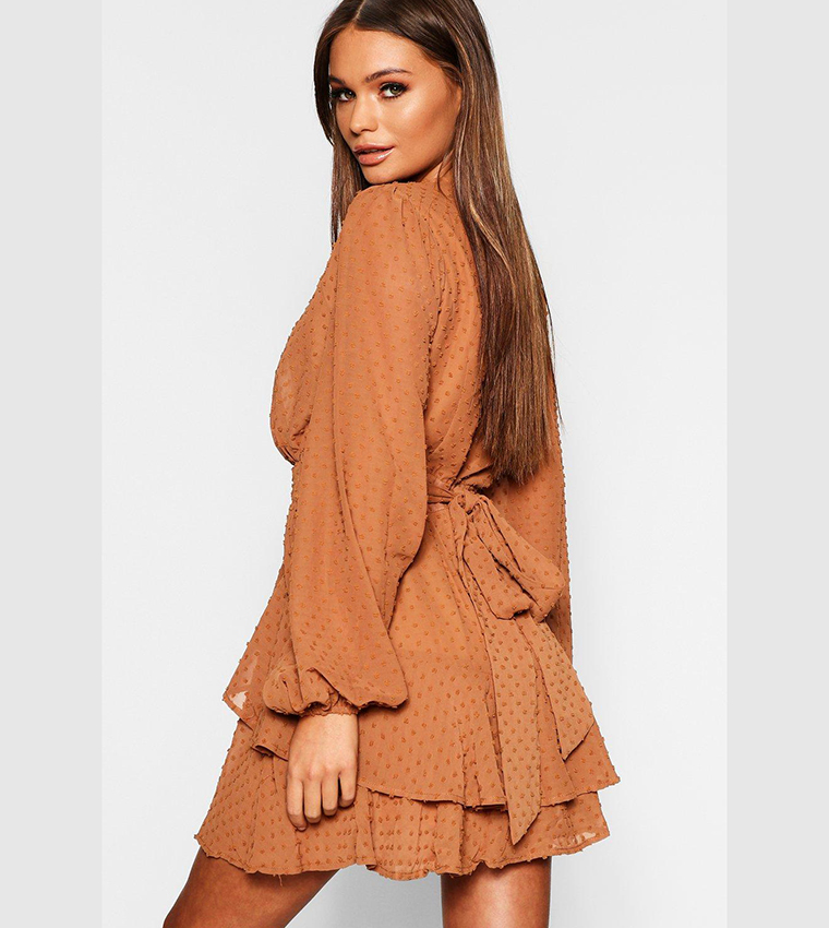 Buy Boohoo Ruffle Hem Dobby Chiffon Mini Dress In Beige | 6thStreet UAE