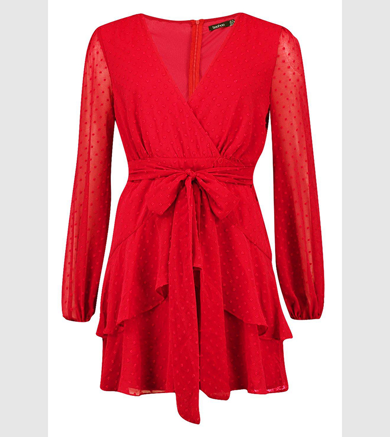 Buy Boohoo Ruffle Hem Dobby Chiffon Mini Dress In Red | 6thStreet Saudi ...