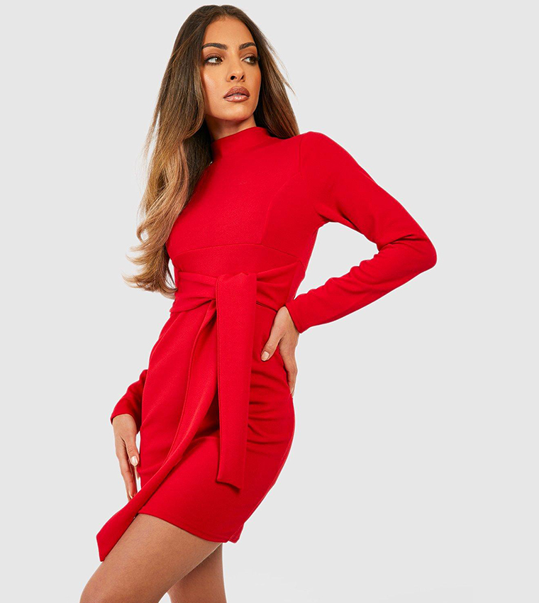 Buy Boohoo High Neck Belted Mini Dress In Red | 6thStreet UAE