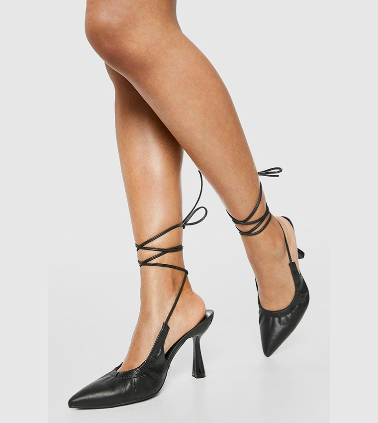 Buy Boohoo Wide Fit Wrap Up Ruched Detail Court Shoes In Black ...