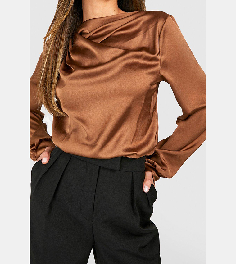 Buy Boohoo Satin Twist Neck Top In Caramel | 6thstreet UAE