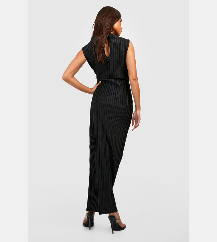 Buy Boohoo Textured Plisse High Neck Column Maxi Dress In Black ...