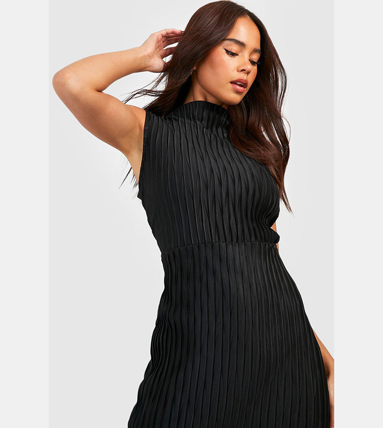 Buy Boohoo Textured Plisse High Neck Column Maxi Dress In Black ...