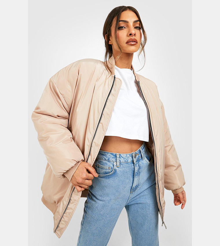 Buy Boohoo Oversized Bomber Jacket In STONE | 6thStreet Qatar