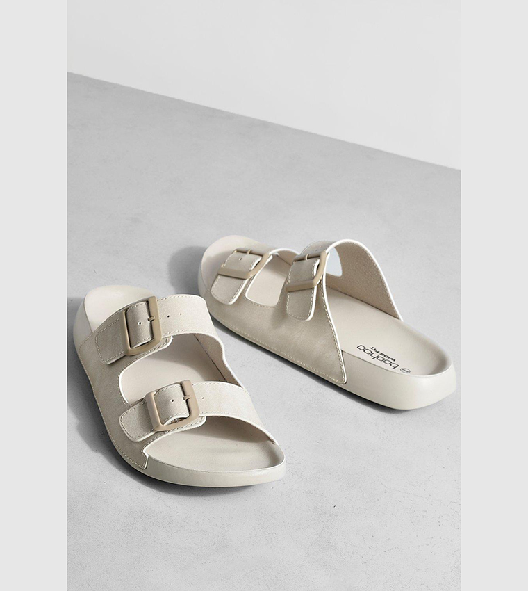 Buy Boohoo Wide Fit Double Buckle Slides In Beige | 6thStreet Qatar