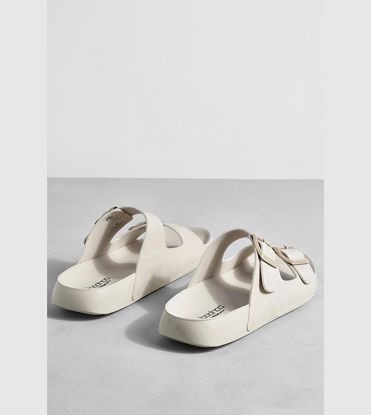 Buy Boohoo Wide Fit Double Buckle Slides In Beige | 6thStreet Qatar