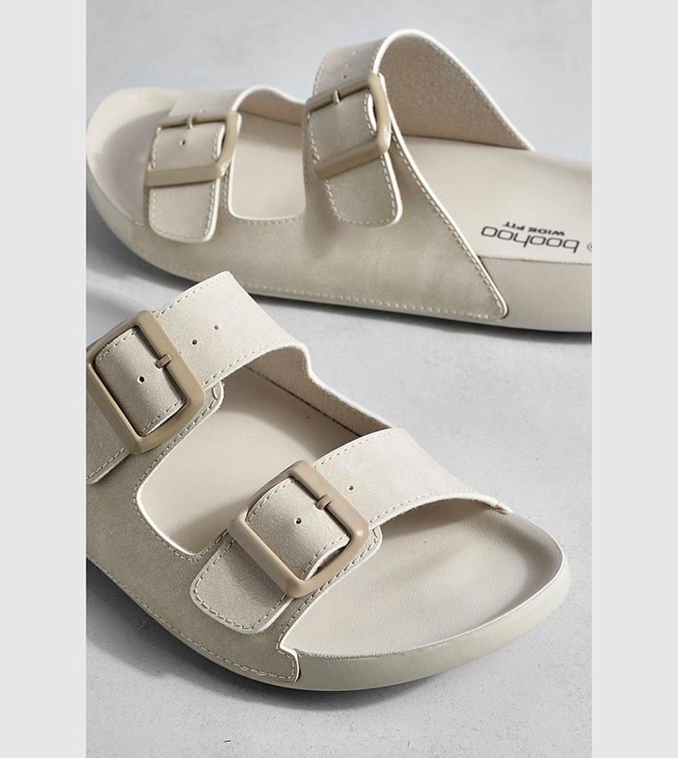 Buy Boohoo Wide Fit Double Buckle Slides In Beige | 6thStreet Qatar