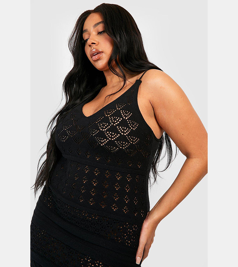 Buy Boohoo Knitted Strappy Crochet Mini Dress In Black | 6thStreet UAE