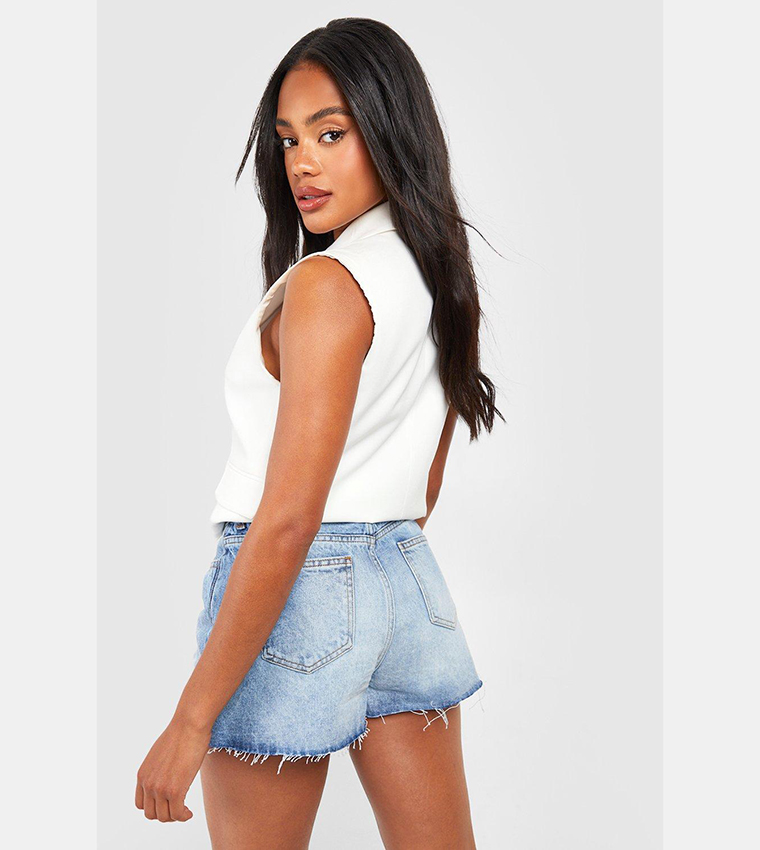 Buy Boohoo Washed Blue Fray Hem Denim Shorts In Blue | 6thStreet UAE