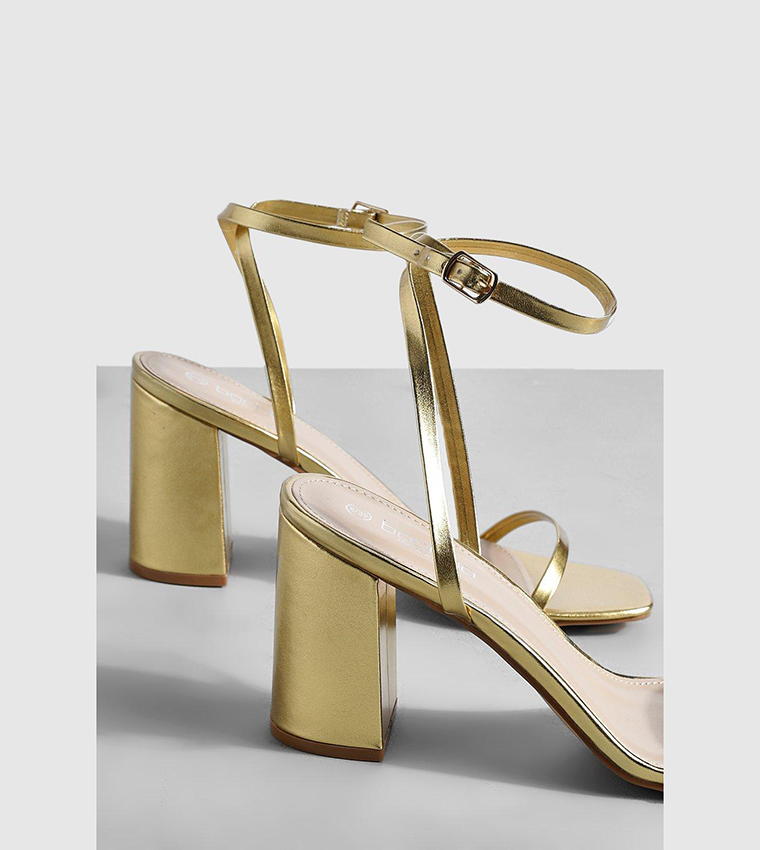 Buy Boohoo Wide Fit Minimal Block Heel Metallic Barely There In Gold ...