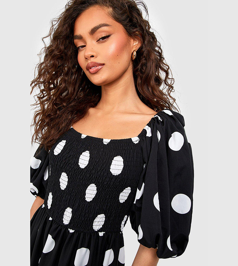 Buy Boohoo Polka Dot Extreme Puff Sleeves Shirred Maxi Dress In Black ...