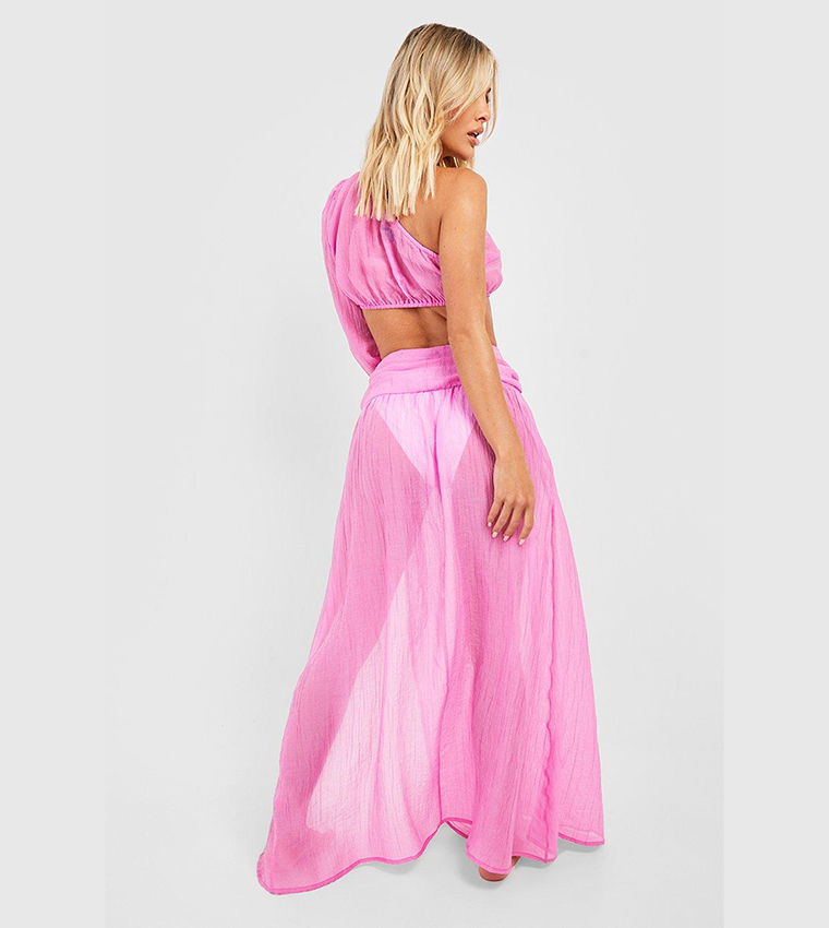 Buy Boohoo Sheer Texture One Shoulder Top And Skirt Beach Co Ord Set In ...